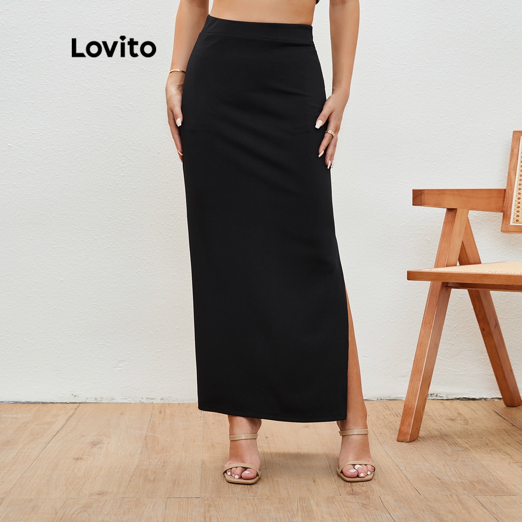 Lovito Plain Elastic Waist Split Skirt For Women L20d079 Black Lovito