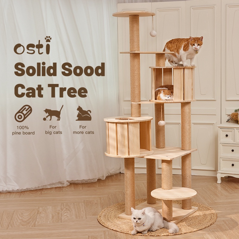 Osti Modern Real Wood Cat Tree Luxury Wooden Cat Tower Condo with ...