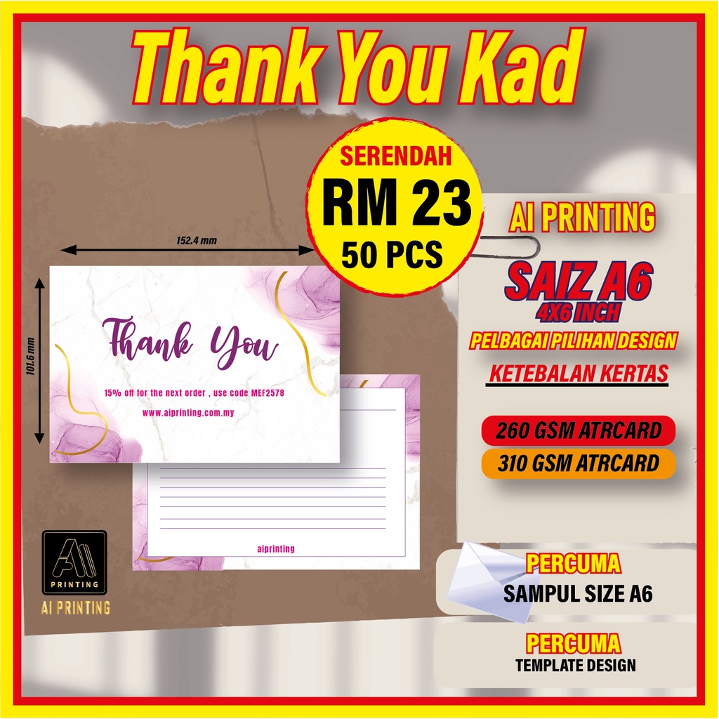 SAIZ A6 PROMOSI!!! THANK YOU CARD MURAH PERCUMA ENVELOPE | Shopee Malaysia