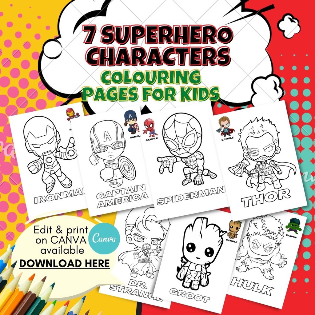 Chibi Marvel characters for kids colouring page downlad and edit in ...