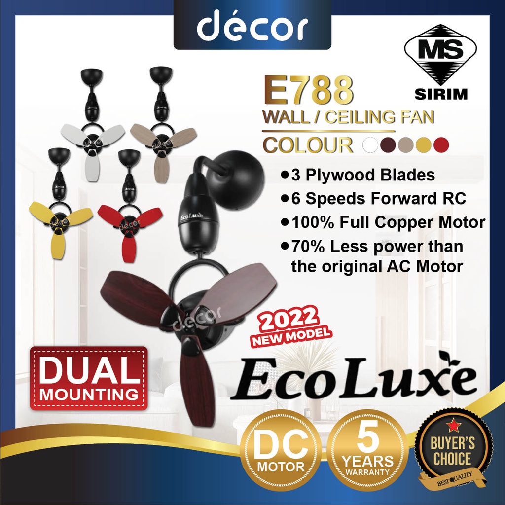 ECOLUXE E788 ECO-788 18" 3Blades 6Speed Designer Premium Decorative Fan Mini Fan Wall Ceiling ...