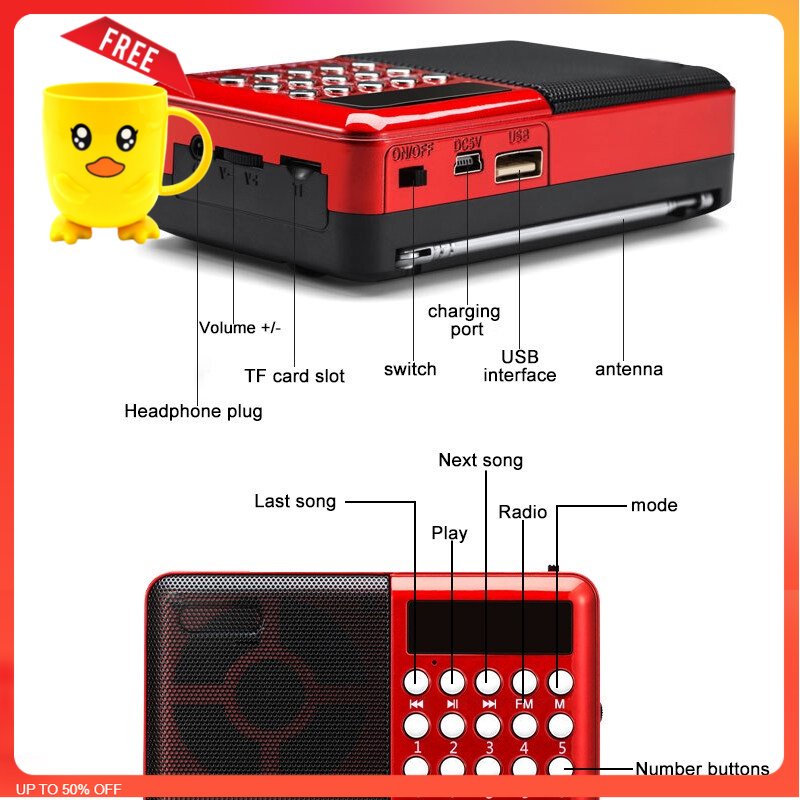 Pembesar Suara Radio Pegang Tangan JOC USB Boleh Dicas semula dan Slot ...