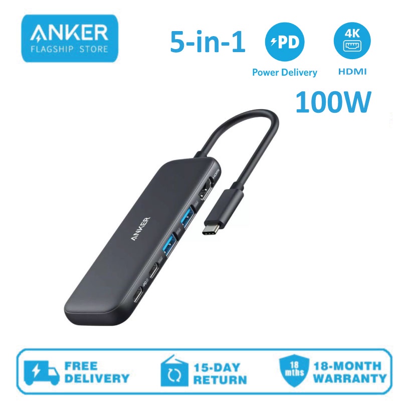Anker A8355 USB C Hub Adapter, 5-in-1 USB C Adapter 1 USB-C 100W Power ...