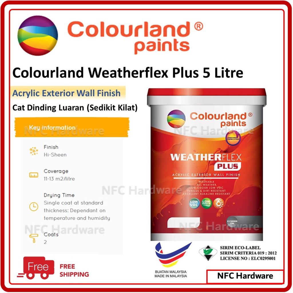 [Free Shipping] COLOURLAND PAINTS Weatherflex Plus 5 Litre (Cat Dinding ...