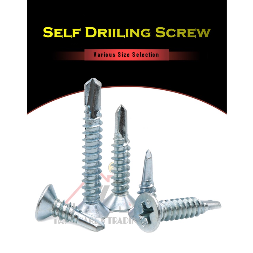 [BOX 1000PCS] Steel Self-Drilling Screw, Zinc Plated Finish Flat Head ...