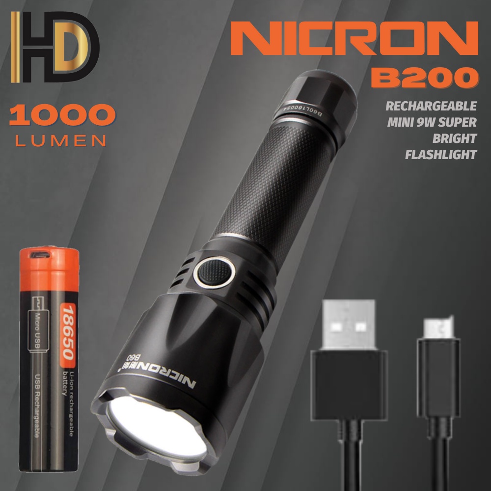 NICRON B200 Rechargeable Tactical Flashlight / 1000 Lumen / 1 Year ...