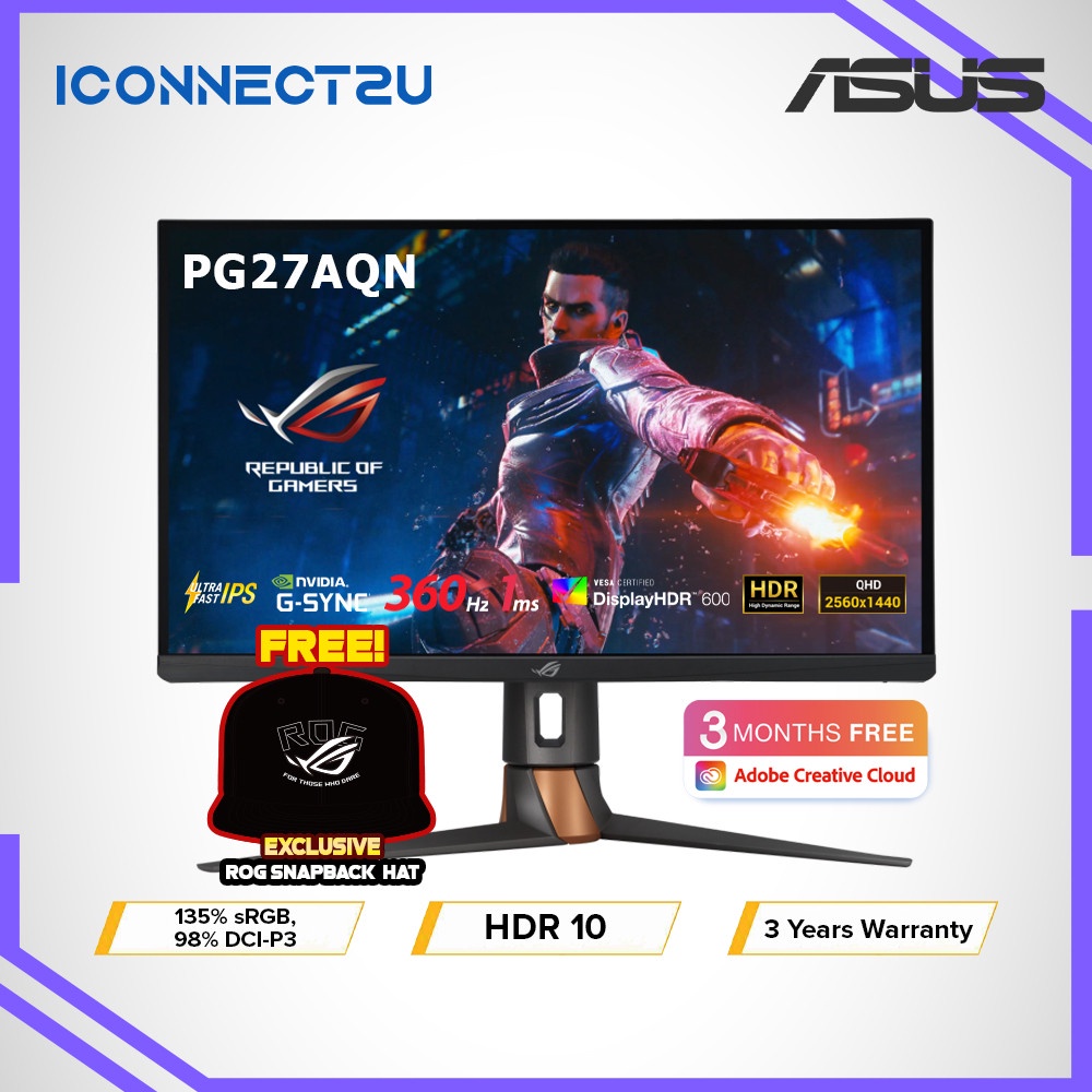 Asus 27" ROG Swift PG27AQN Ultrafast IPS QHD 360Hz 1ms GSync HDR10 Display HDR600 Ergonomic ...