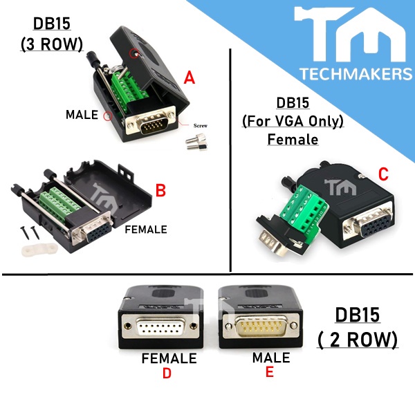 DB15 DB 15 Male/Female Solderless Solderless Connector 2 Row / 3 Row 15 ...