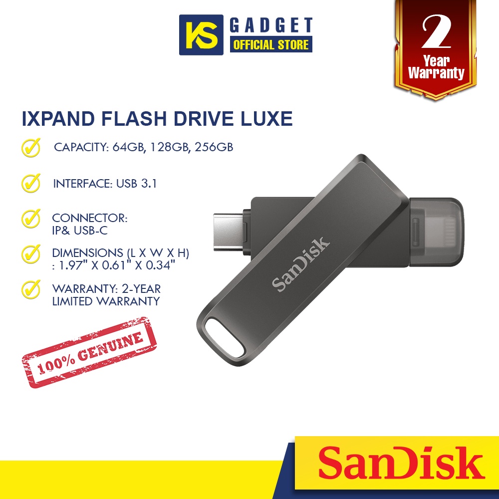 SanDisk Ixpand Flash Drive Luxe Type C & I OTG USB (256GB/128GB/64GB ...