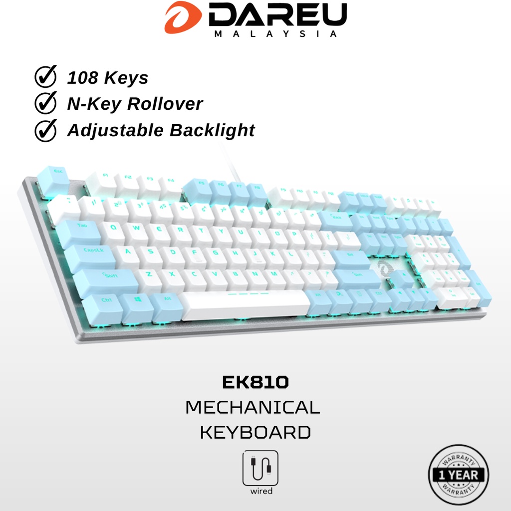Dareu 108 Keys PC Wired Icy Blue Backlight Mechanical Keyboard EK810 ...