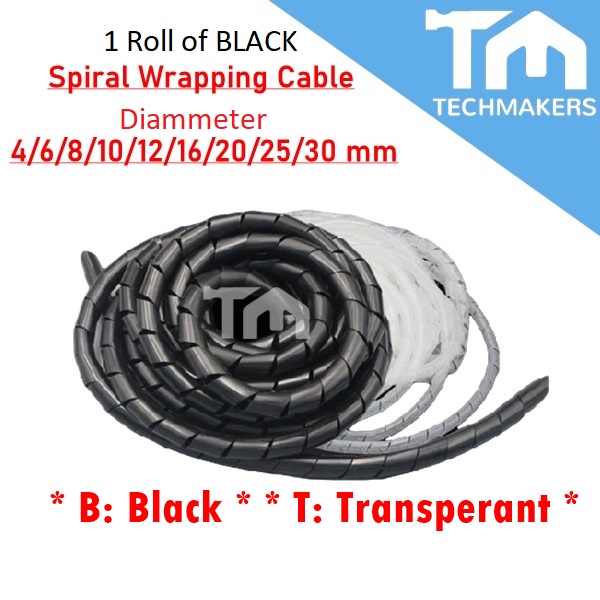 1 Roll of Spiral Wrap (Black/Transparent) 4/6/8/10/12mm Winder Wire ...