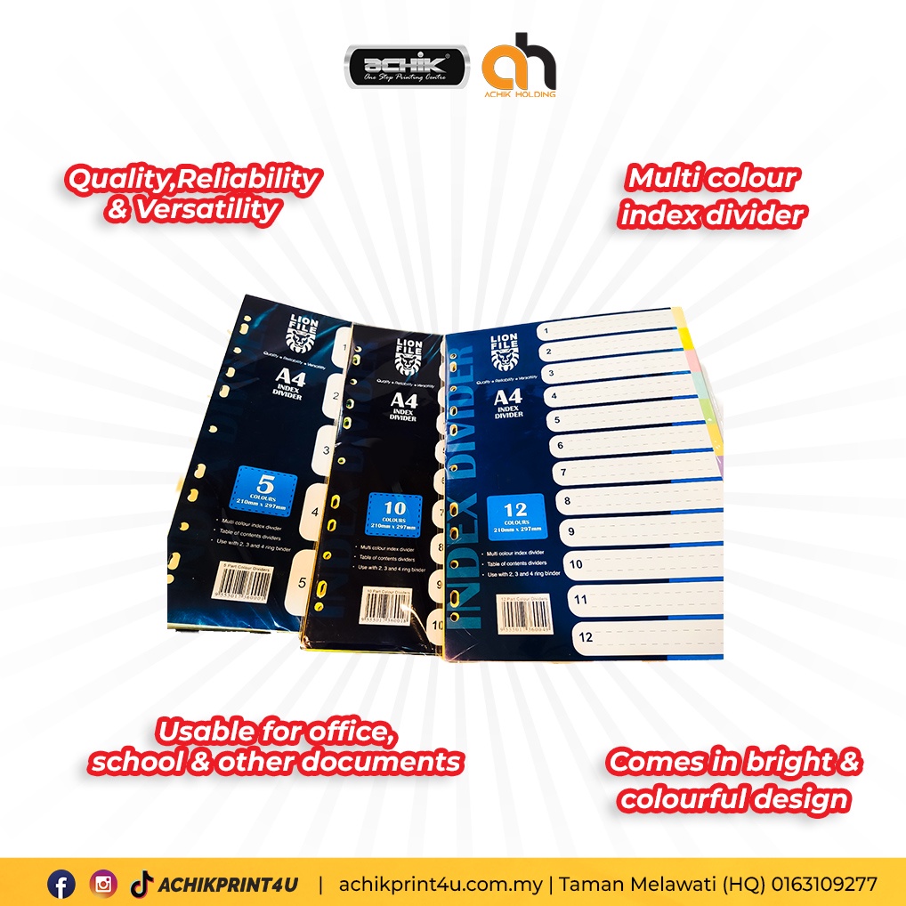 Lion Paper Type A4 Index Divider 120Gsm - 5 Colour / 10 Colour / 12 ...
