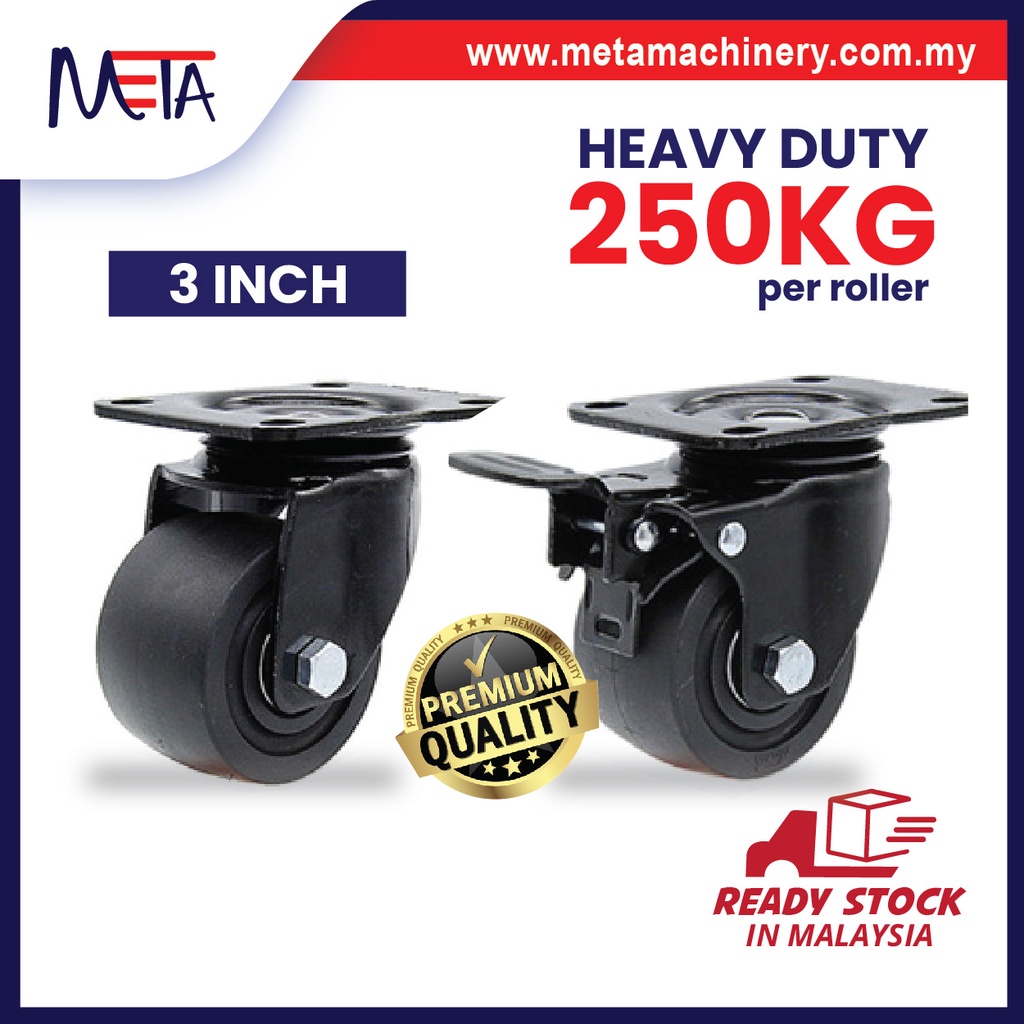 Heavy Duty 250 kg Per Roller 3 inch Nylon Wheel Black Roller Roda Hitam ...