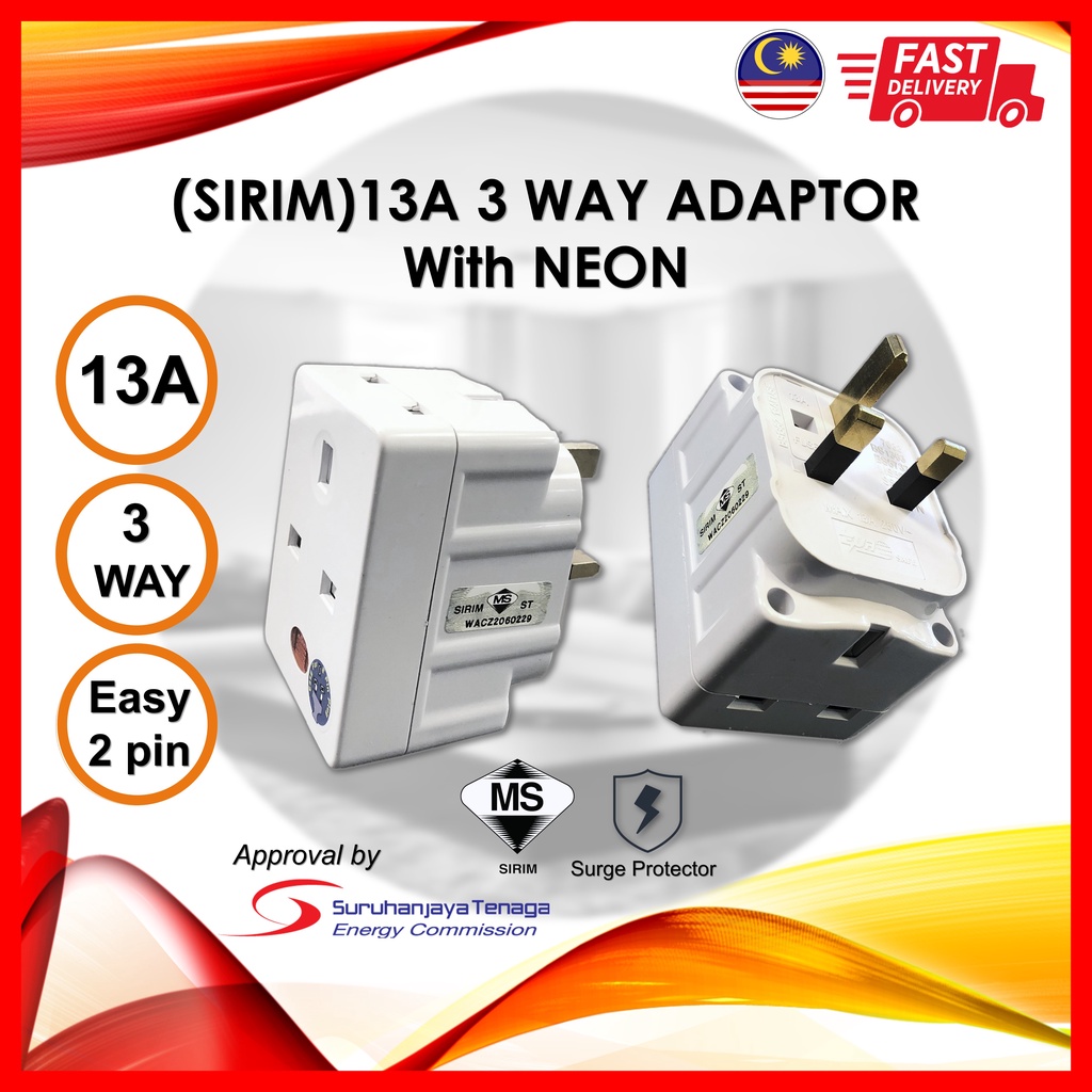 (SIRIM) 3 Way Adaptor adapter UK Plus 13A with Neon surge protection ...