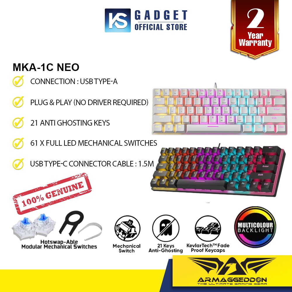 Armaggeddon MKA 1C Neo LED Backlight Mechanical Gaming Keyboard | 61 Key | Hot Swapable | Free ...