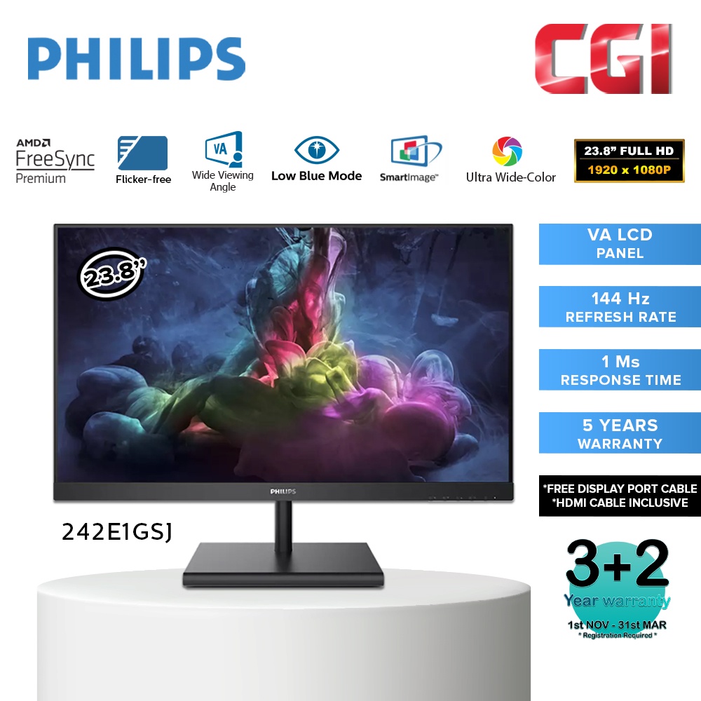 Philips 242E1GSJ 23.8" 1ms 144Hz FHD FreeSync VA LED Gaming Monitor ...