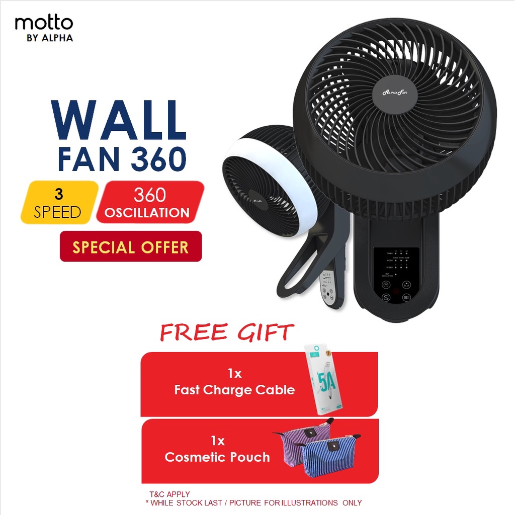 Alpha Motto Wall Fan 360 Oscillation 3 Speed Remote Control | Shopee ...