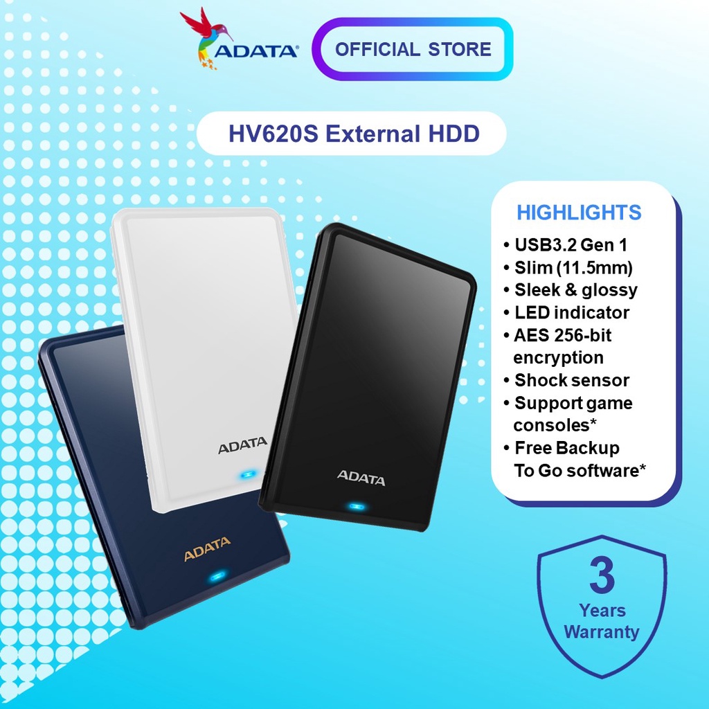ADATA Portable External HDD Slim HV620S USB 3.2 - Black/Blue/White (11. ...