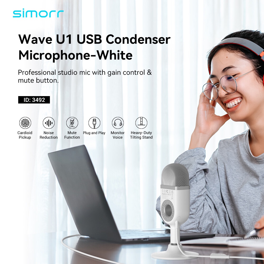 simorr Wave U1 USB Microphone for Macbook/PC/PS4/Laptop/Smartphone with Gain Control Mute Button ...