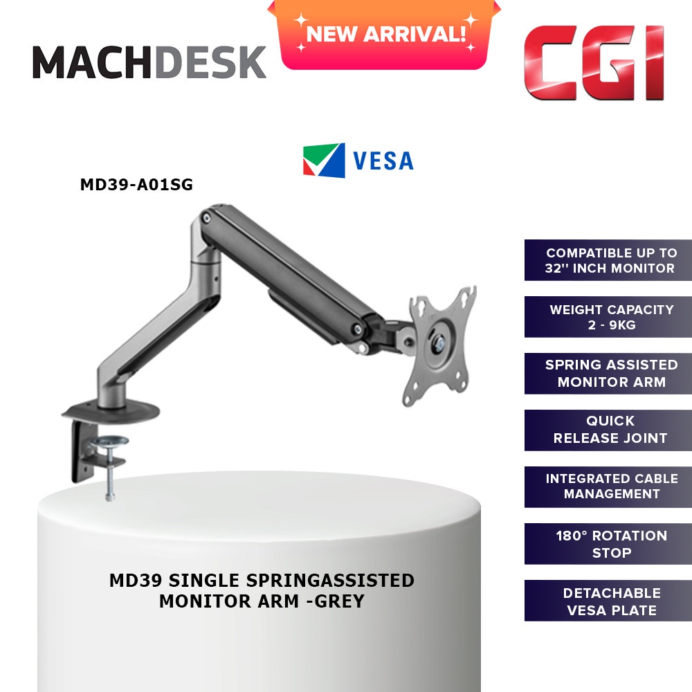 MachDesk MD39 Single Spring-Assisted Monitor Arm - Grey (MD39-A01SG ...
