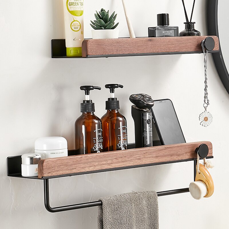 Wood Matt Black Bathroom Corner Shelves Kitchen Wall Shelf Shower Bath ...