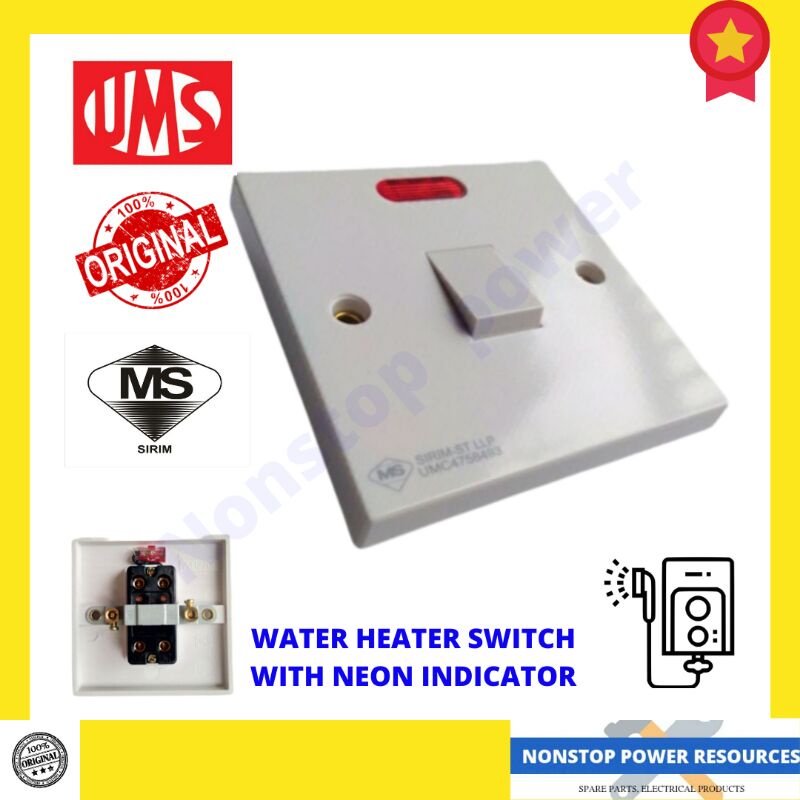 UMS 20A 250V AC DP Flush Switch With Neon Indicator Water Heater Switch ...