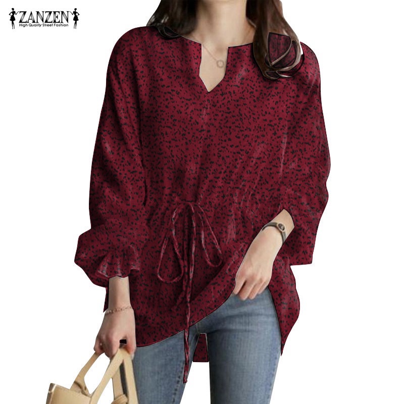Zanzen Women Casual Flared Sleeve V Neck Leopard Print Elastic Cuffs
