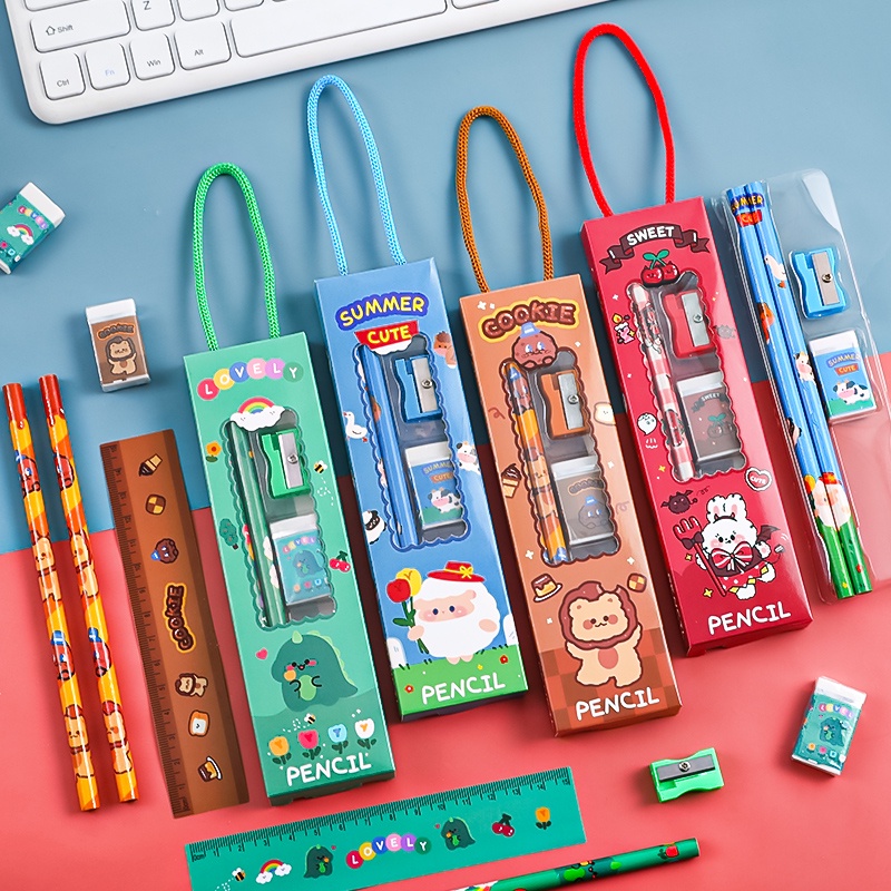5 Pcs Boxed Lovely Cartoon Pencil&Eraser&Sharpener&Ruler Set Student ...