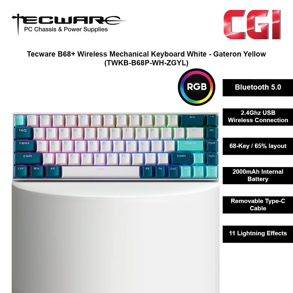Tecware B68+ Wireless Mechanical Keyboard White - Gateron Yellow (TWKB ...
