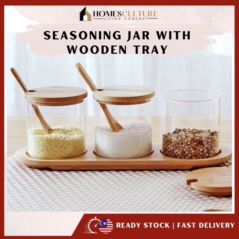 Bamboo Glass Spice Jar with Wooden Tray Set of 3 Transparent Seasoning ...