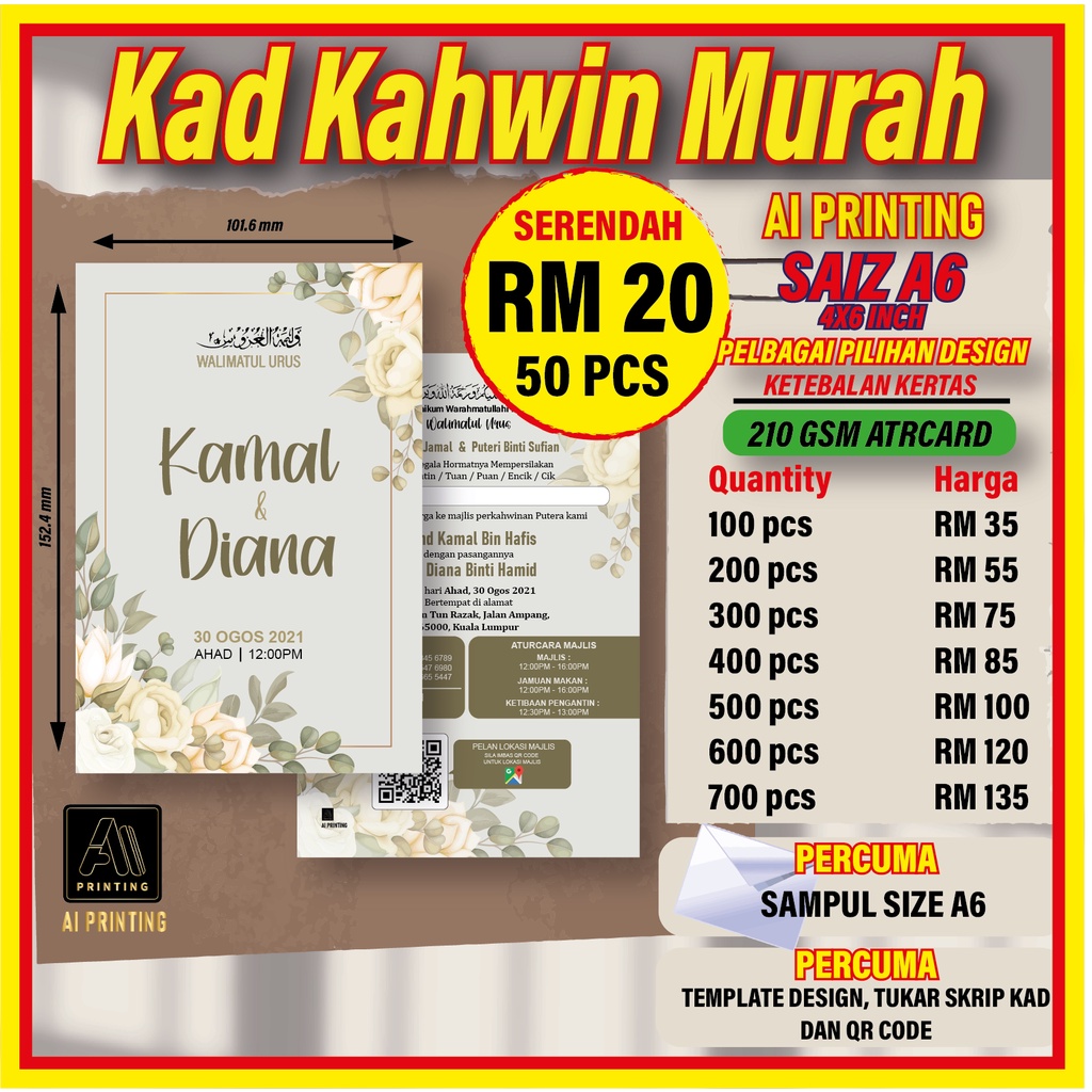 210GSM SAIZ A6 PROMOSI!! PERCUMA ENVELOPE!! KAD KAHWIN MURAH BERKUALITI ...
