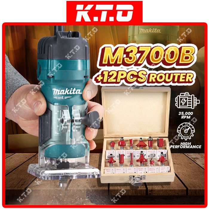 M3700B Trimmer Wood Router 6MM 530W + 12PCS / 15PCS Router Bit Cutting ...