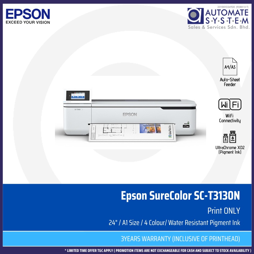 EPSON SureColor SC-T3130N | 24" / A1 Size | 4 Color Technical Printer | Without Printer Stand ...