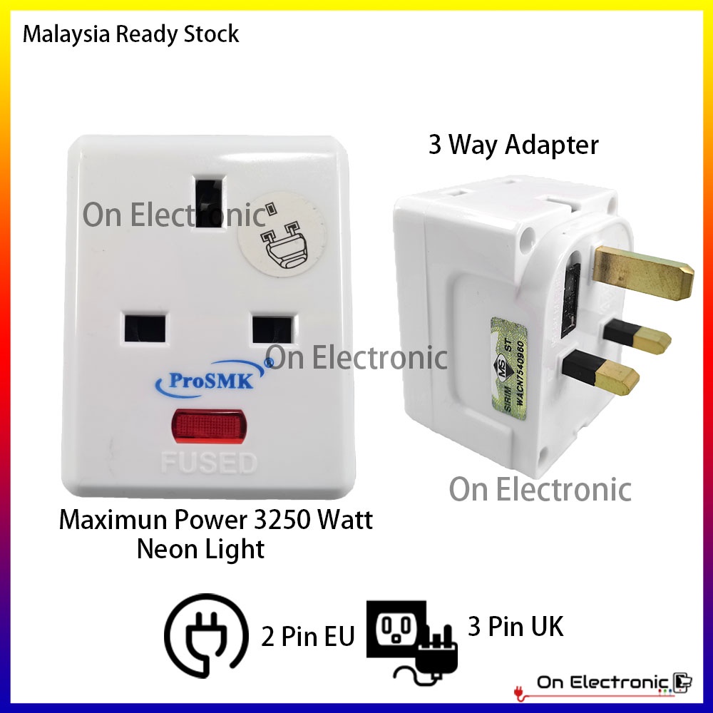 3 Way Power Travel Adapter Uk 3pin Plug USE FOR MALAYSIA Max Power 3250 ...