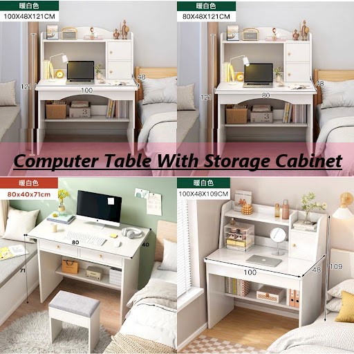 Public Study Desk 80/100cm White Computer Table With Storage Cabinet ...