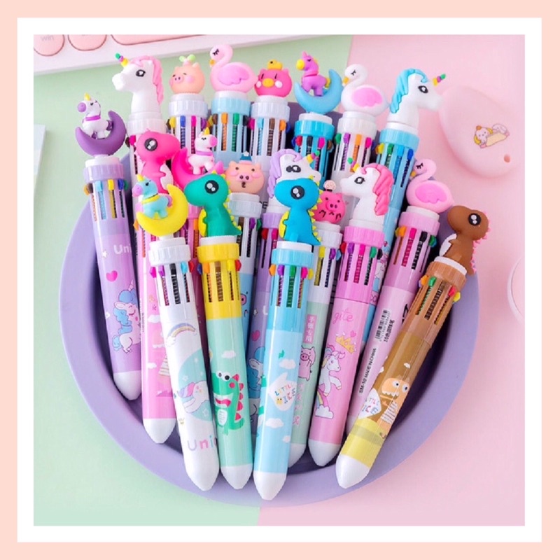 10 in 1 Cartoon Pen 10 Color Retractable Unicorn Dinosaur ten Colors ...