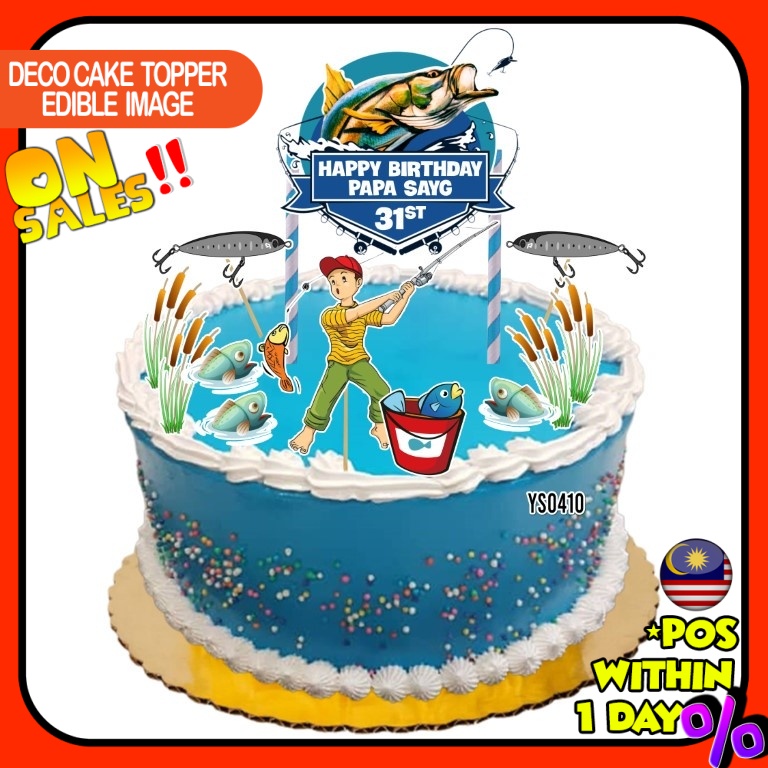 [CUSTOM NAME] Happy Birthday Cake Topper Fishing (Memancing) Decoration ...
