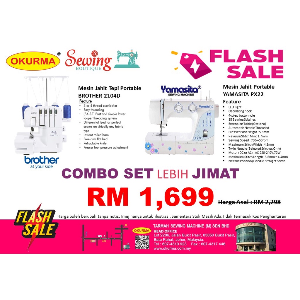 COMBO SET LEBIH JIMAT Mesin Jahit Tepi Portable BROTHER 2104D dan Mesin ...