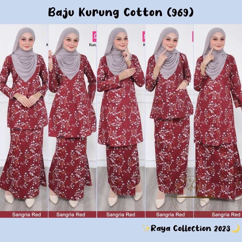 Raya Collection Baju Kurung Dhia Cotton Set 969 (Sangria Red) | Shopee ...