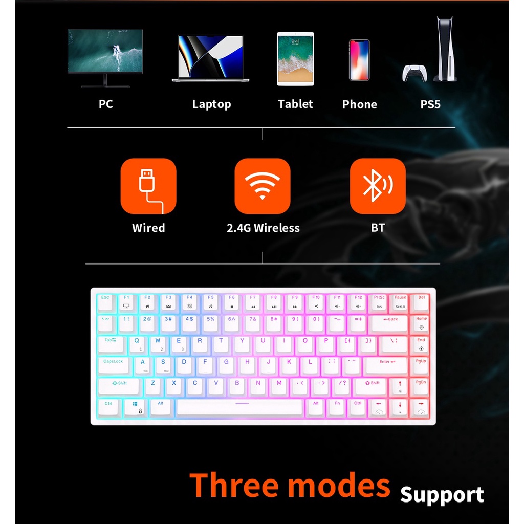 Royal Kludge RK84 Tri-Mode Hotswappable RGB Backlit Bluetooth 2.4G ...