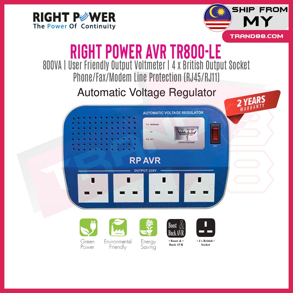 RIGHT POWER AVR 800VA (TR800-LE) Automatic Voltage Regulator with 4 ...