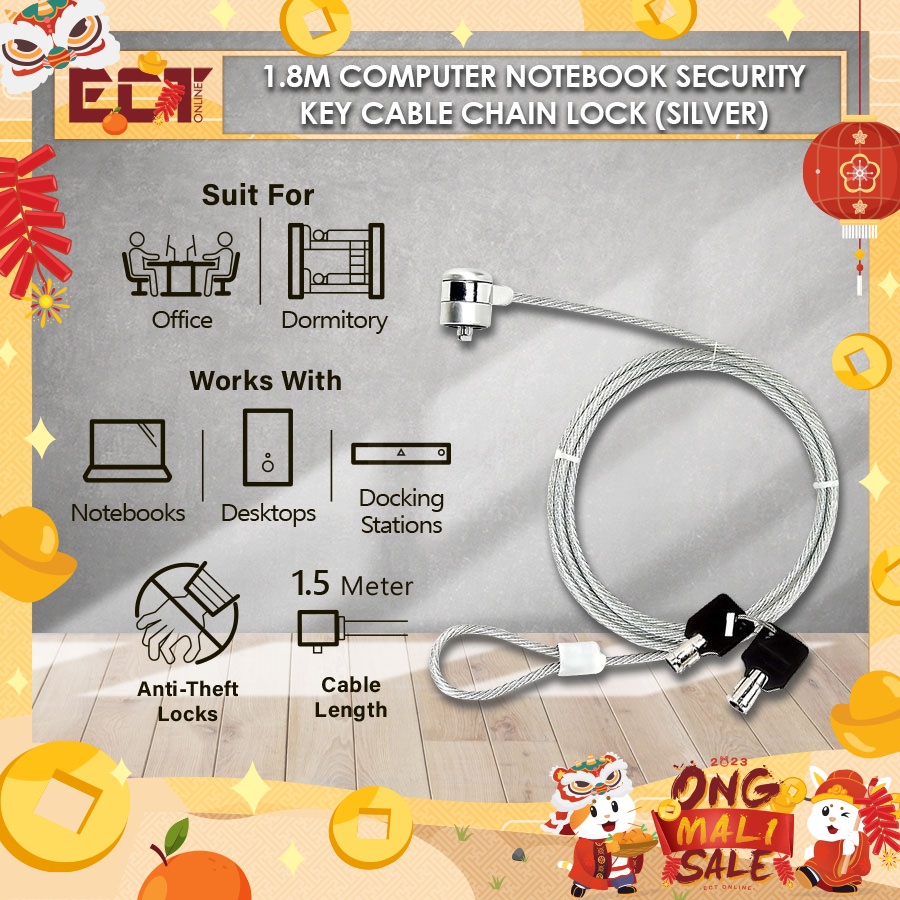 1.8M Computer Notebook Security Key Cable Chain Lock (Silver) | Shopee ...