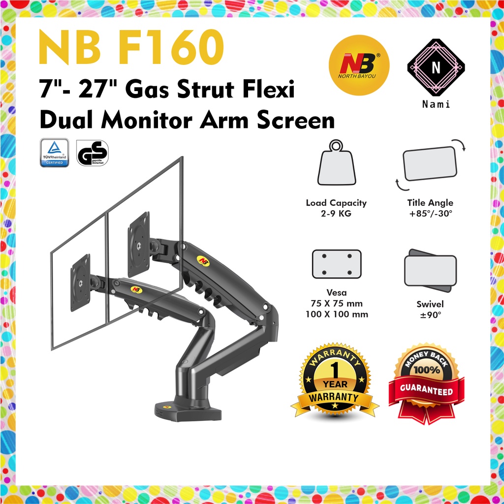 NB F160 North Bayou 17"- 27" Gas Strut Flexi Dual Monitor Arm Screen ...