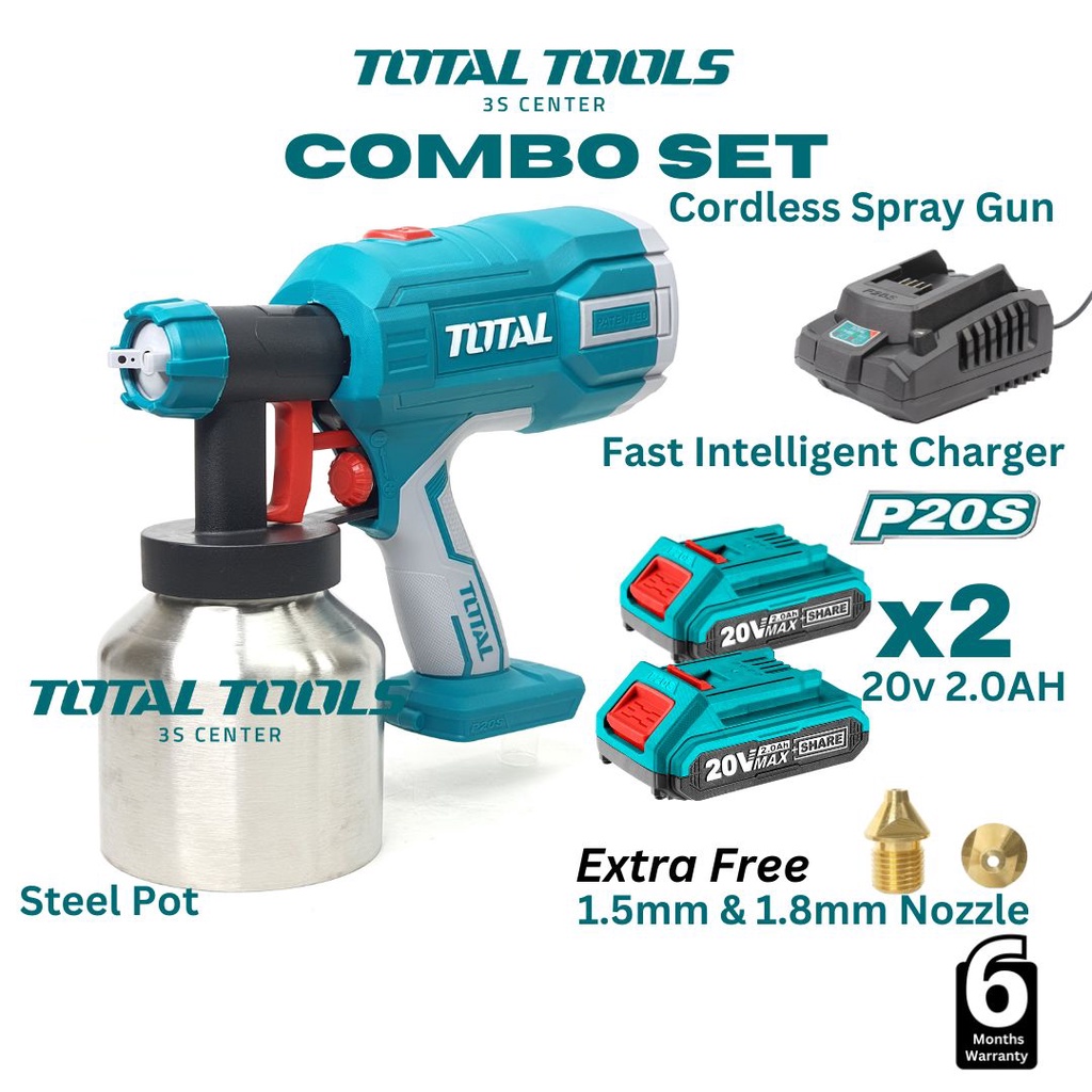 TOTAL Cordless P20s Series 20v Li-ion Spray Gun + Steel Pot + Extra ...