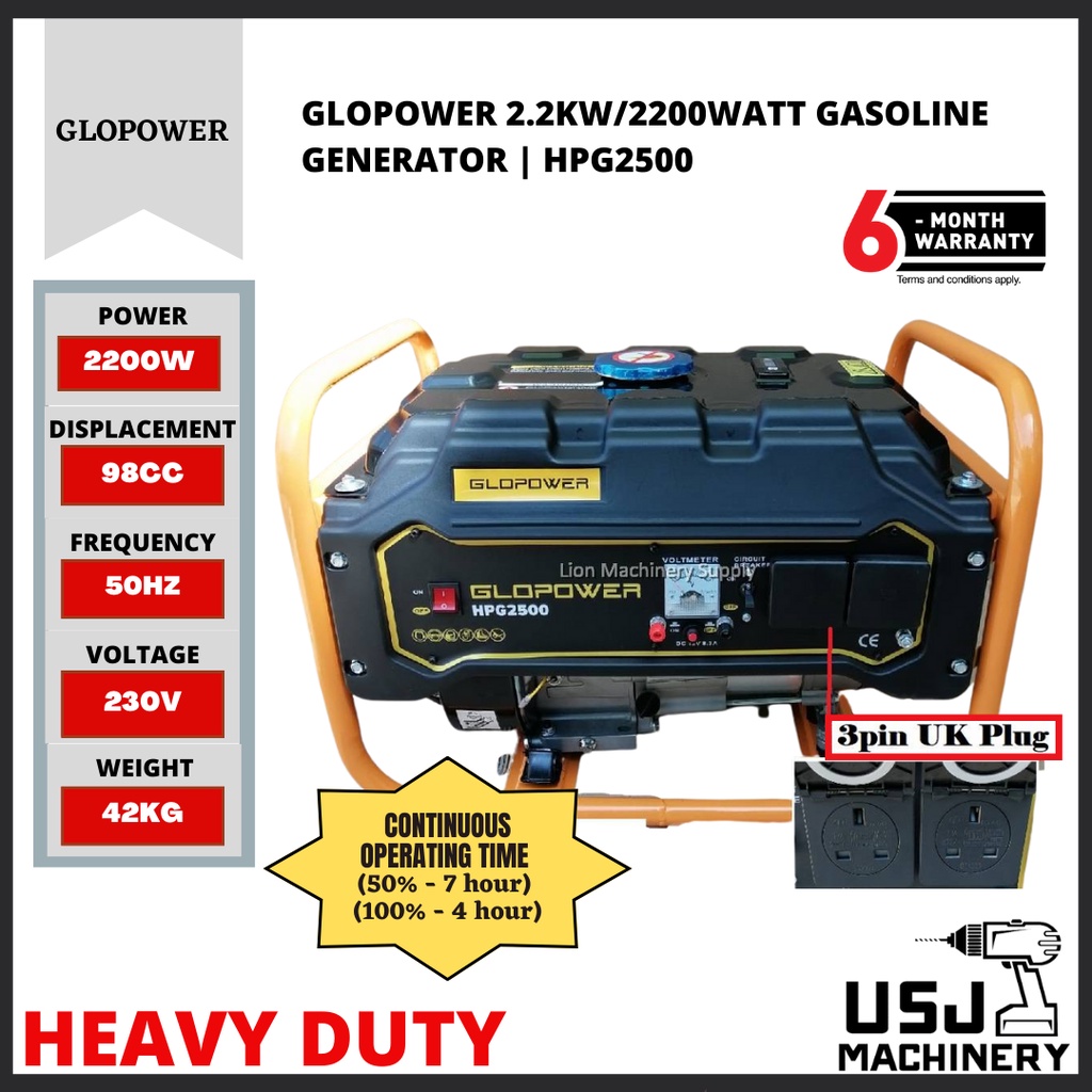 GLOPOWER 2.2KW/2200WATT Gasoline Generator HPG2500 | 6 Months Warranty ...