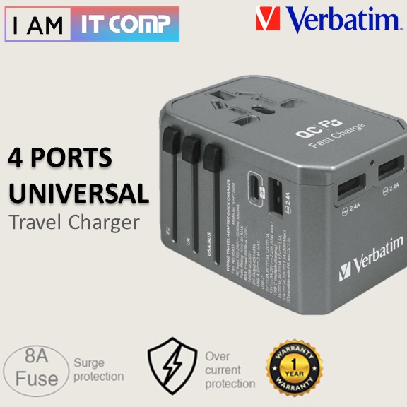 Verbatim 4 Ports Travel Charger 3 USB Ports & 1 Type-C - 45W Output ...