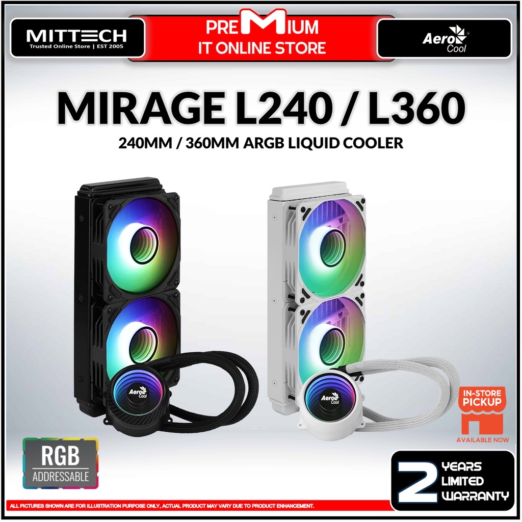 Aerocool Mirage L240 / L360 ARGB Liquid Cooler | Infinity Mirror RGB Design | 2300 rpm ...