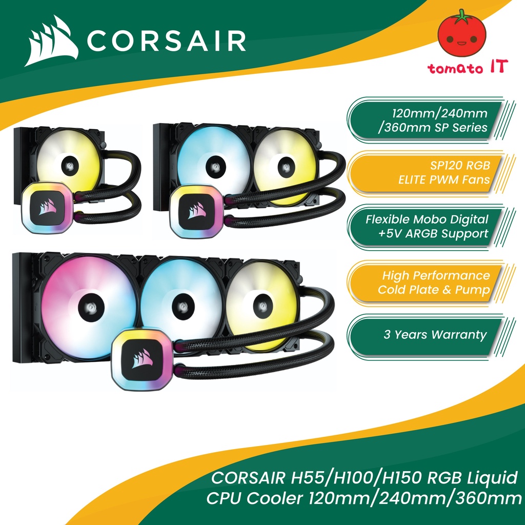 CORSAIR H55/H100/H150 RGB Liquid CPU Cooler - 120mm/240mm/360mm ...