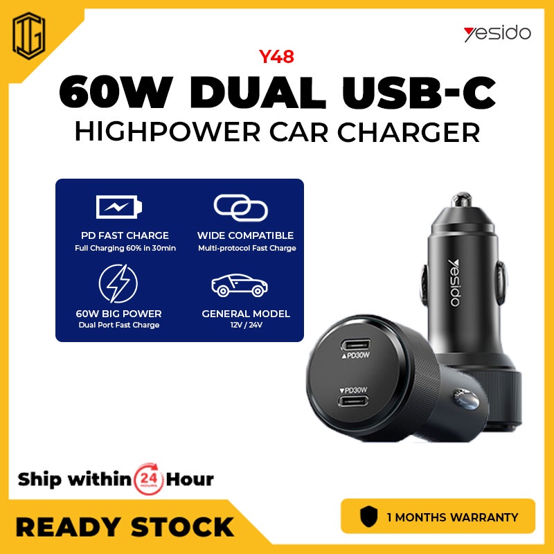YESIDO Y48 60W Dual USB-C High Power Car Charger PD Fast Charge Wide Compatible Smart Control ...