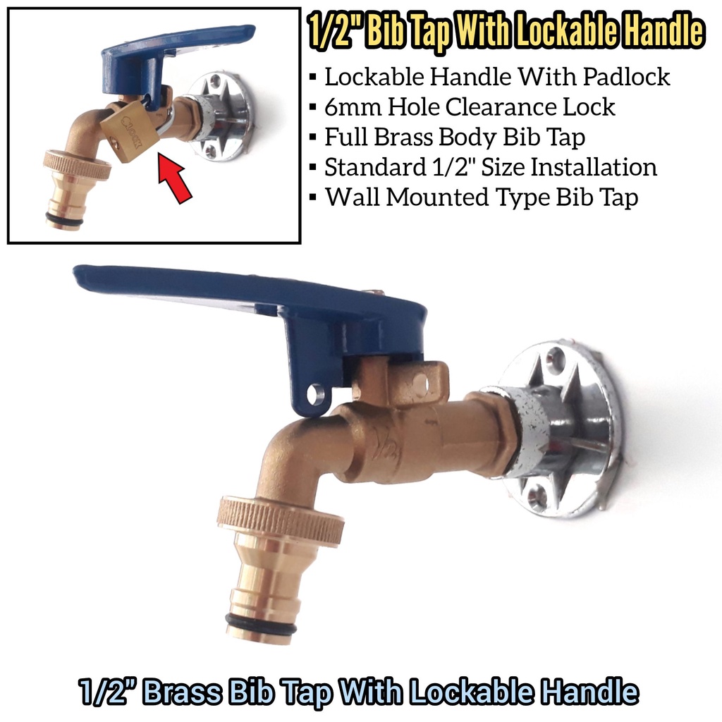 BRASS WALL MOUNTED BIB TAP WITH LOCKABLE HANDLE FOR OUTDOOR GARDEN ...